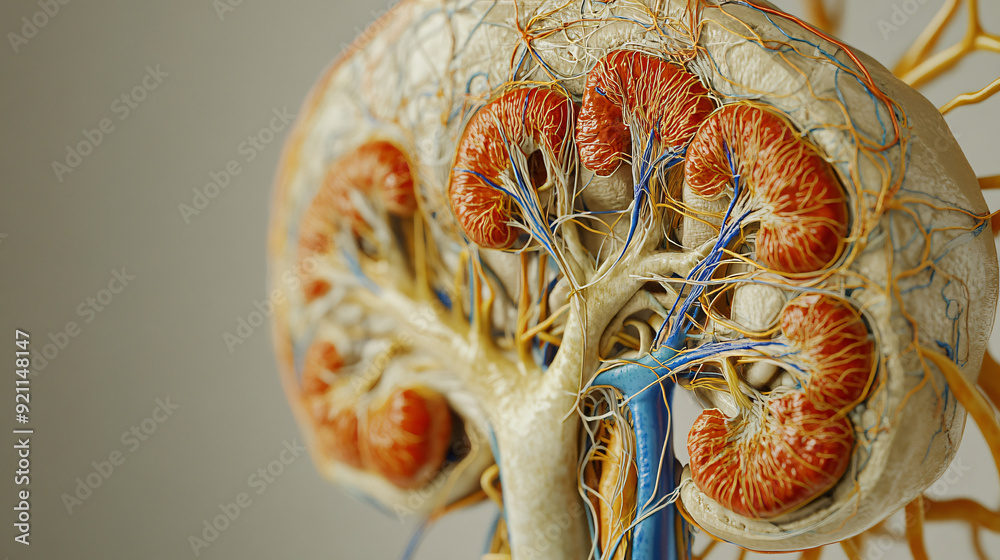 Anatomical diagram of the human kidney with detailed nephrons and ...