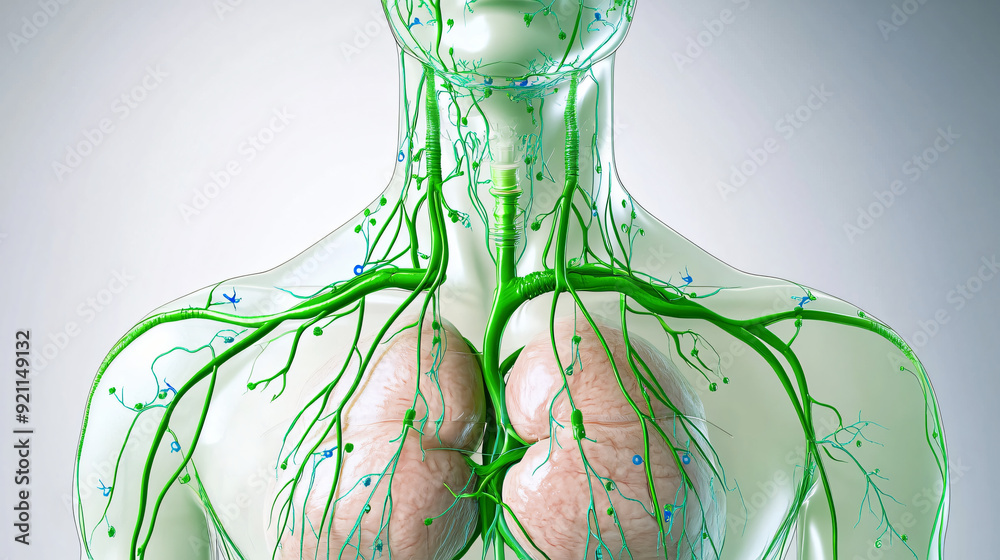 Anatomy of the human lymphatic system with labeled nodes and vessels ...