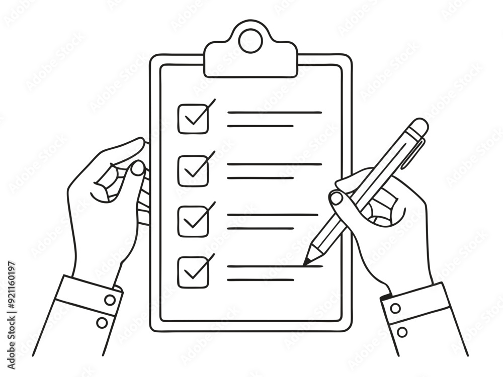 continuous single line drawing of hands holding clipboard with ...