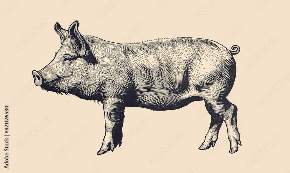 Pig, hog, boar. Vintage retro print, black white pig sketch ink pencil ...