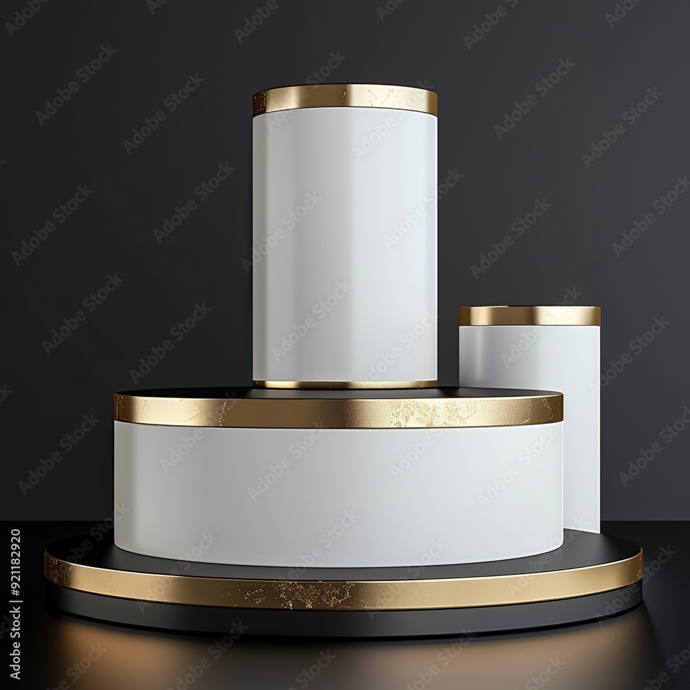 3 White And Gold Cylinder Stage Podium On A Black Background For ...