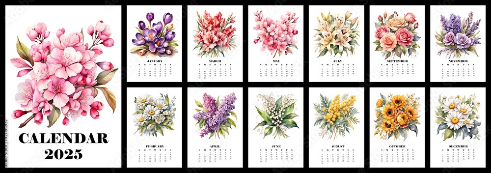 Wall calendar for 2025 with watercolor flowers. Different bouquets for ...