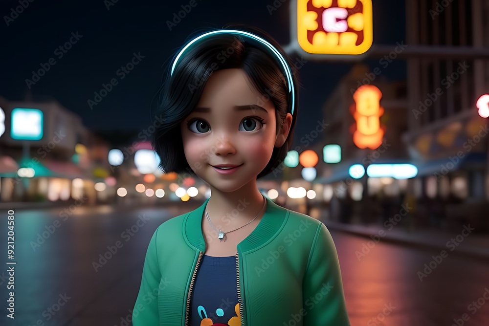 Cartoon Girl in Japan Night Street, Neon City, 3d Girl Cartoon, cartoon ...