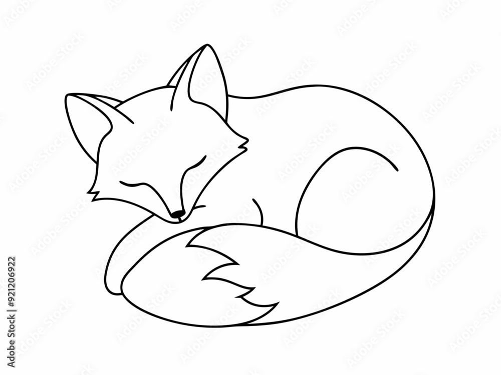 continuous single line drawing of sleeping fox, head resting on tail ...
