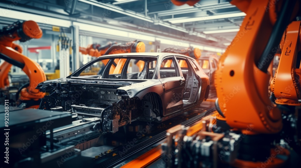 Industrial Robot Arms Assemble welding of car body. Electric Car Manufacturing Inside Automotive ...