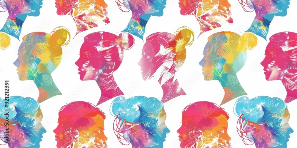pattern with colorful silhouettes of people, their faces made from ...