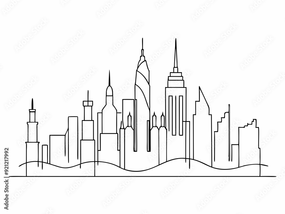 continuous single line drawing of abstract New York City skyline, line ...