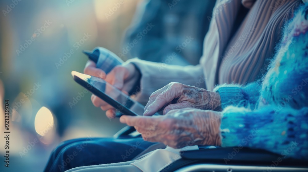 An elderly person in a wheelchair using a tablet device, with a ...