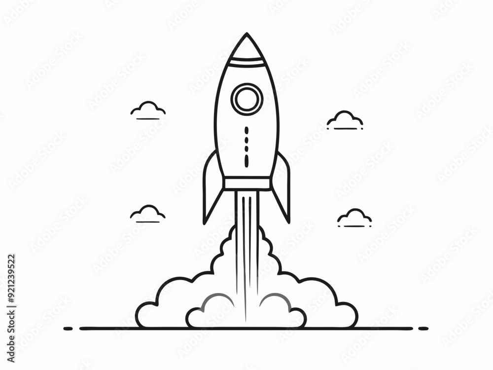 continuous single line drawing of rocket spaceship takeoff, rocket ...