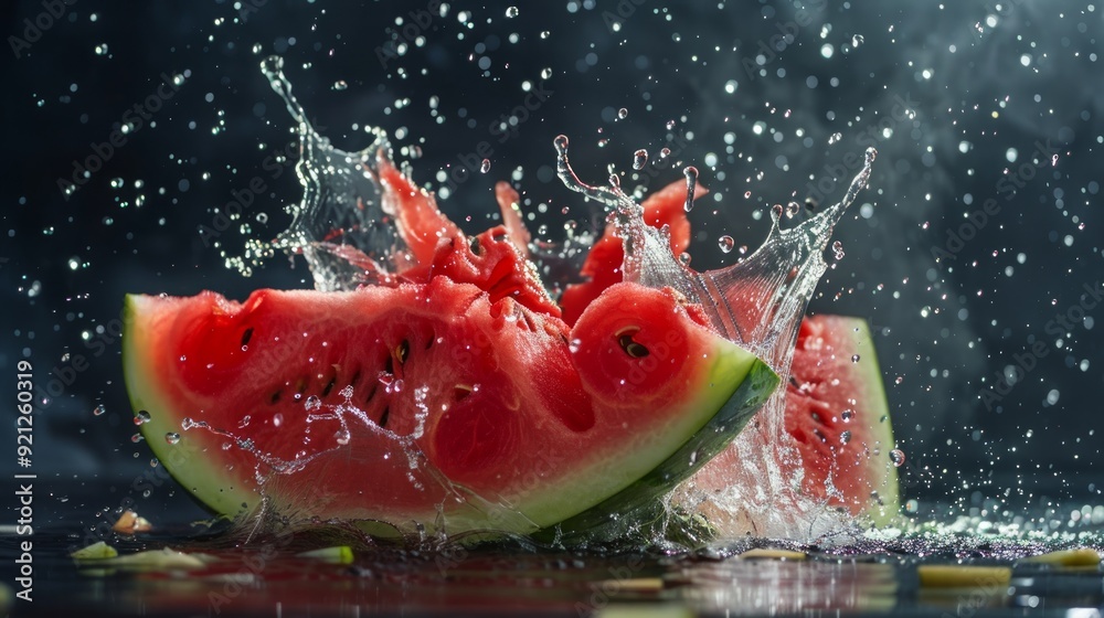 Water action photo of a splash of watermelon juice coming out of a ...