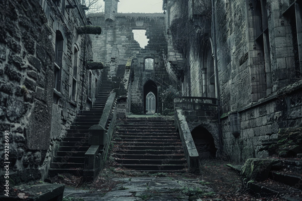 Stone stairway leads up to ancient Scottish castle surrounded by rugged ...