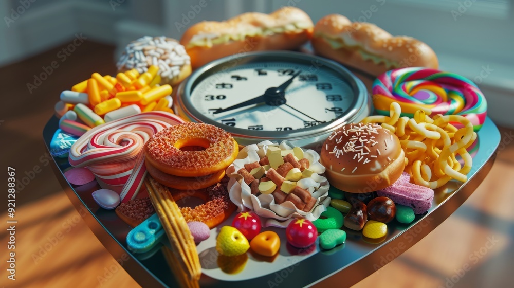 Junk food, represented as unhealthy snacks on a scale shaped like a ...