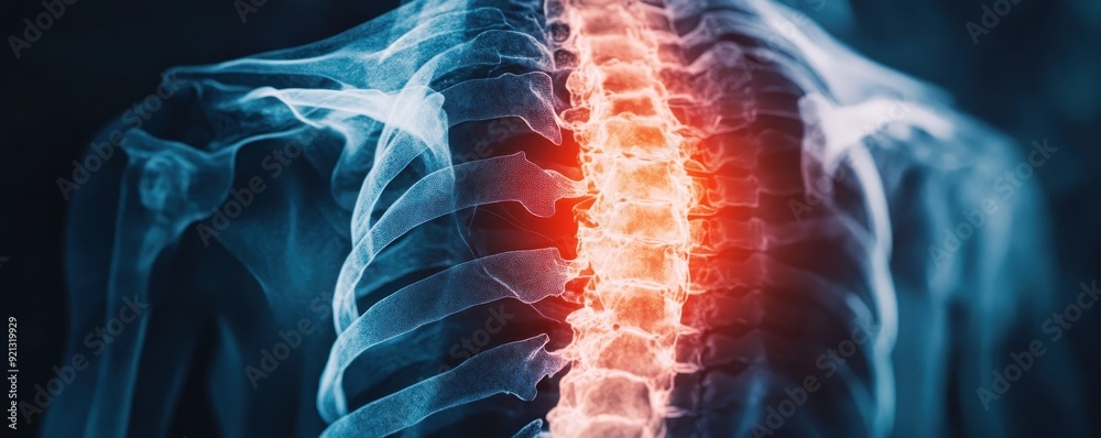Conceptual image of human spine with highlighted pain area. Medical ...