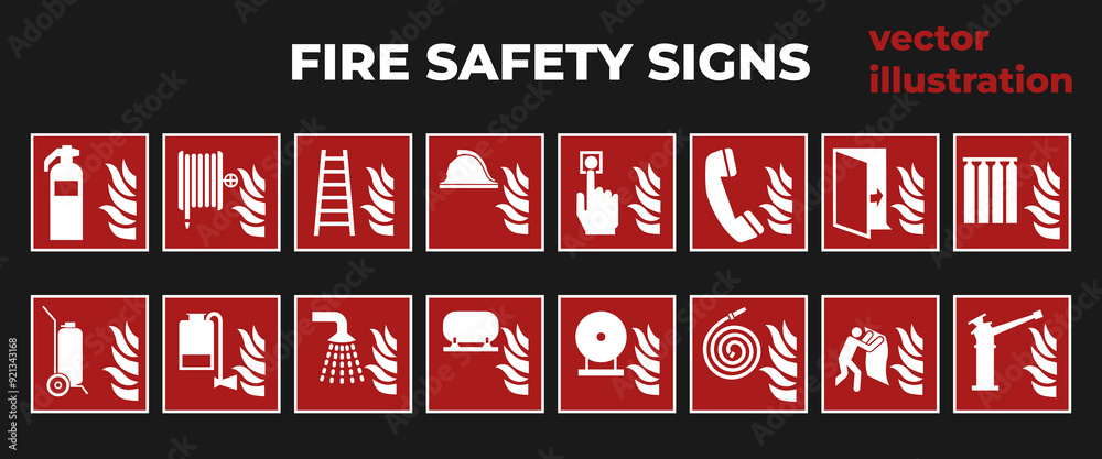 Official ISO 7010 safety signs vector drawings.Red fire safety signs ...