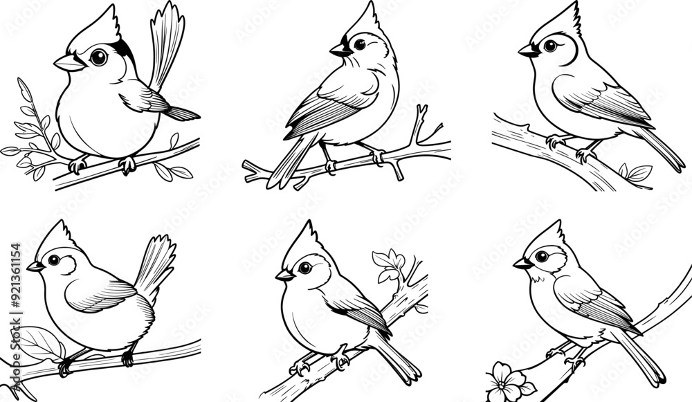 Tufted Titmouse bird hand drawing coloring page and outline vector ...