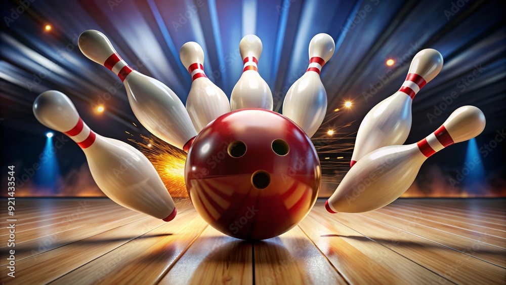 Close-up action shot of a bowling ball hitting pins in a strike, bottom ...