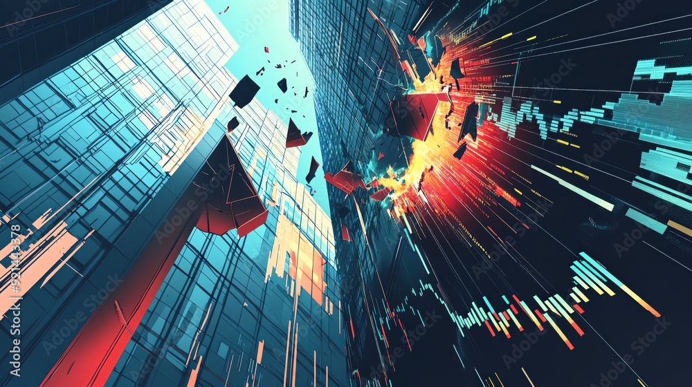 An illustration of a broken stock market building with charts and ...