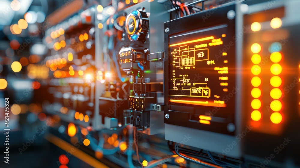 Detailed close-up of a modern HVAC system control panel with ...