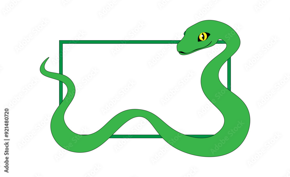 Hand-drawn Green snake coiling around a rectangular frame, isolated on ...