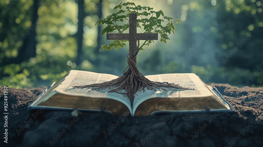 Intertwined Cross and Roots in Open Bible, Representing Dynamic Faith ...