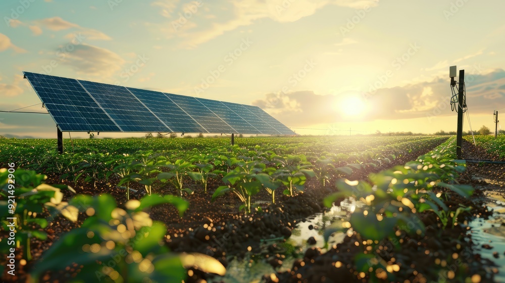 Color photo of a solar-powered irrigation system in a field, panels providing energy to water ...