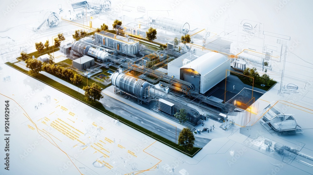An expansive 3D representation of a modern waste collection system set ...