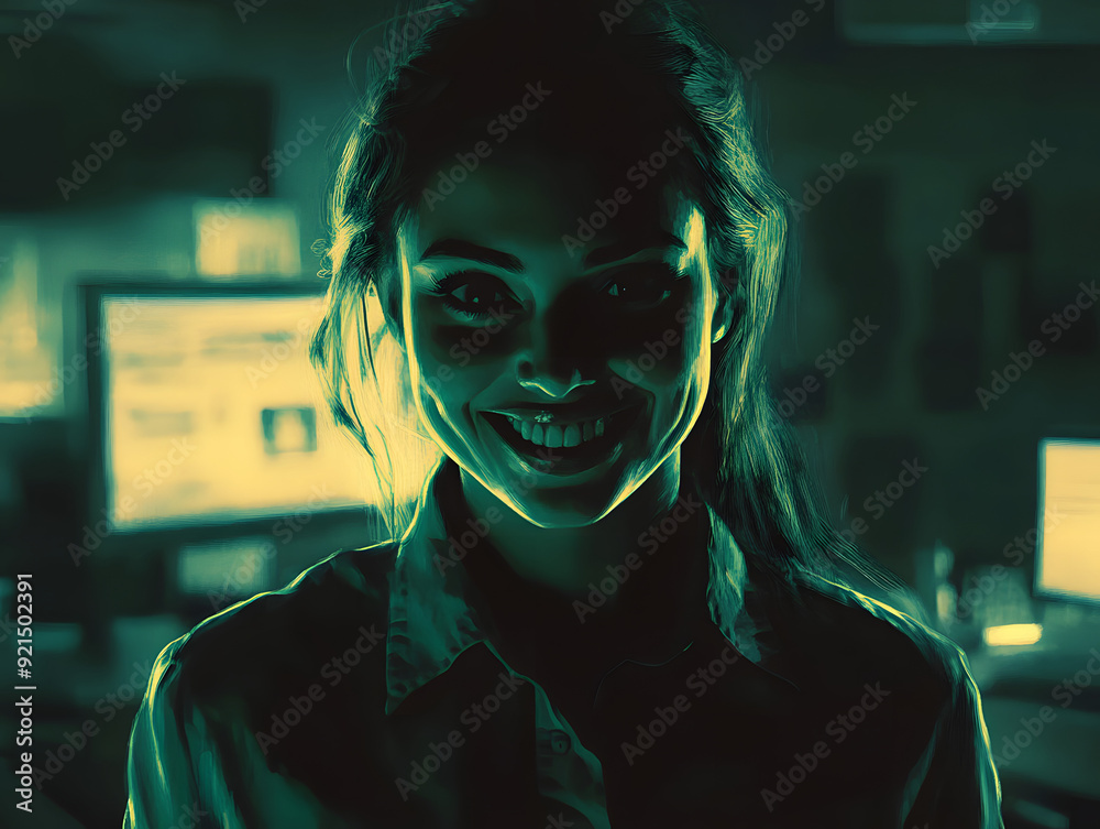 Digital Devil: A hacker with a sinister grin, bathed in the eerie glow ...