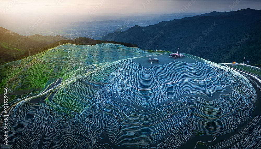 GIS geodata mapping concept featuring a detailed, layered terrain model ...