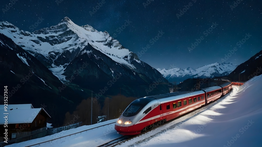 A luxury train, the Glacier Express, winds its way through the snow ...