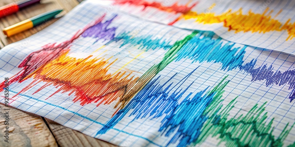 Vibrant colored seismic graphs on crumpled paper reveal intricate ...