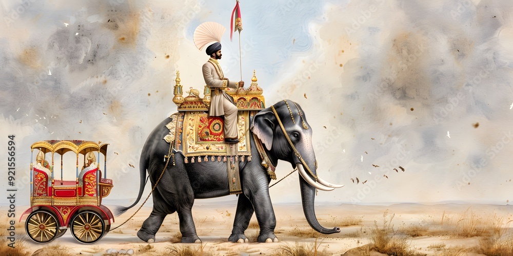 Mughal emperor riding an adorned elephant in a procession, painted on a ...