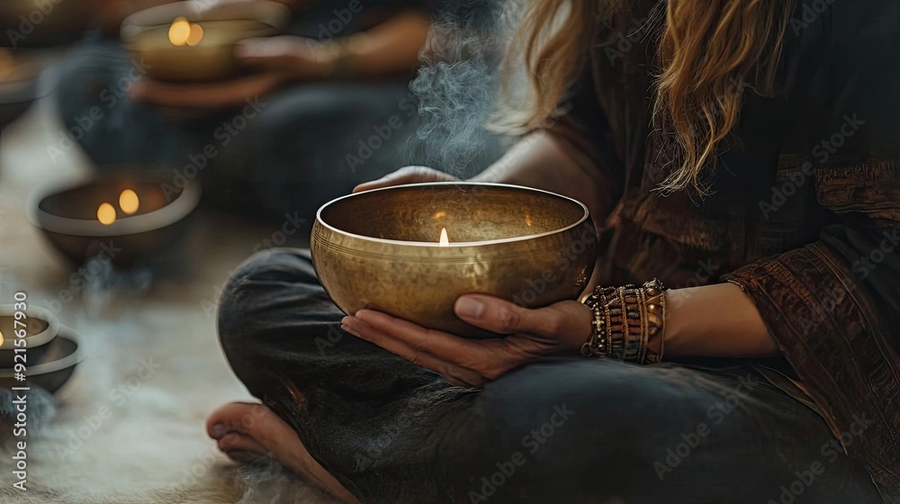 Person using a singing bowl during meditation, focusing on the sound ...