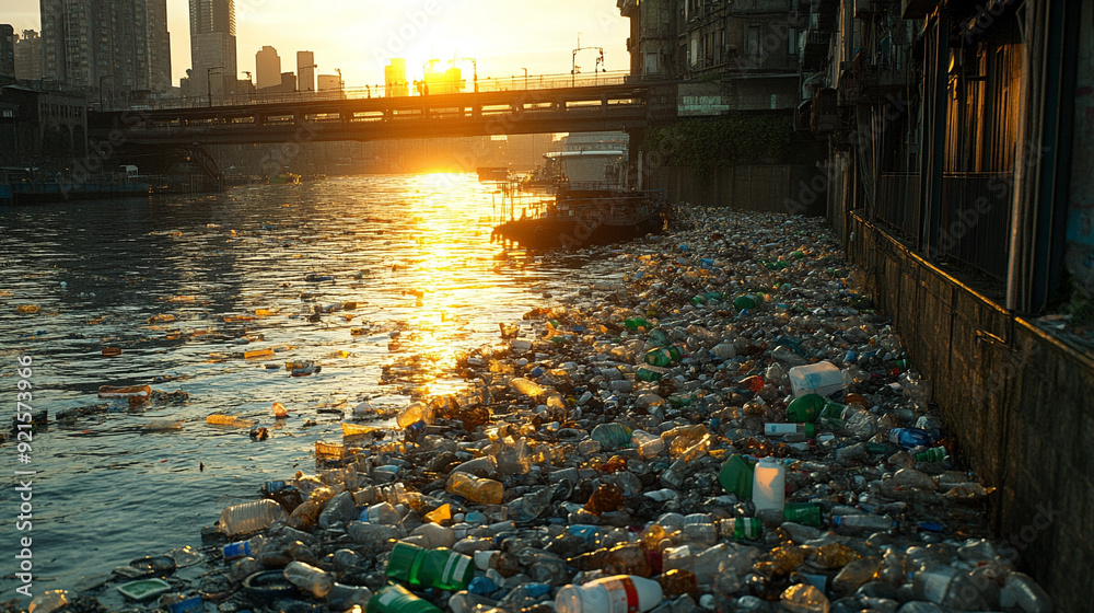 polluted ocean with plastic debris floating under sunlight ...