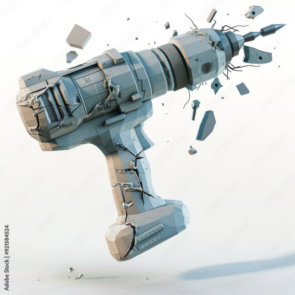 3D Render, Low Poly style of broken hammer drill with cracked casing ...