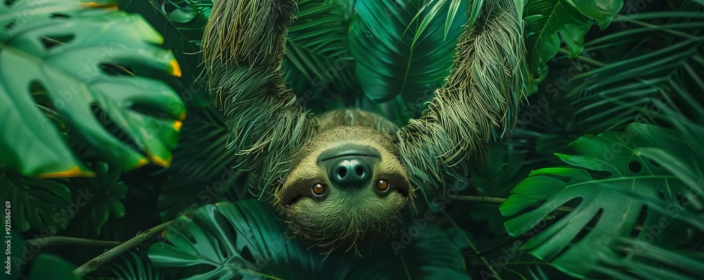Sloth hanging upside down in dense rainforest canopy, rainforest canopy ...