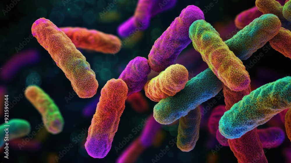 Microscopic bacteria with fluorescent staining, glowing colors ...