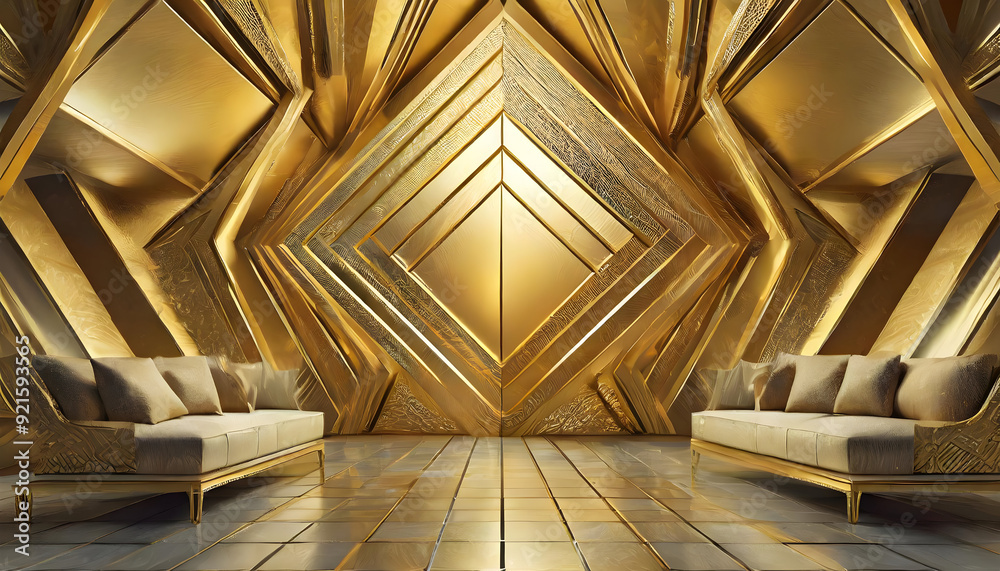 ornate golden structural patterns on a gold wall background. The ...