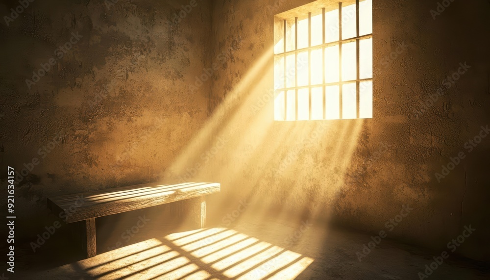 Sunlight streams through a barred window in a prison cell, casting long shadows on the floor ...