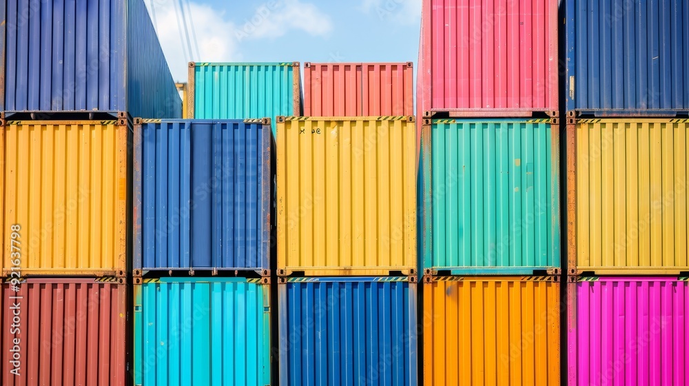 Colorful shipping containers stacked against a blue sky, showcasing ...