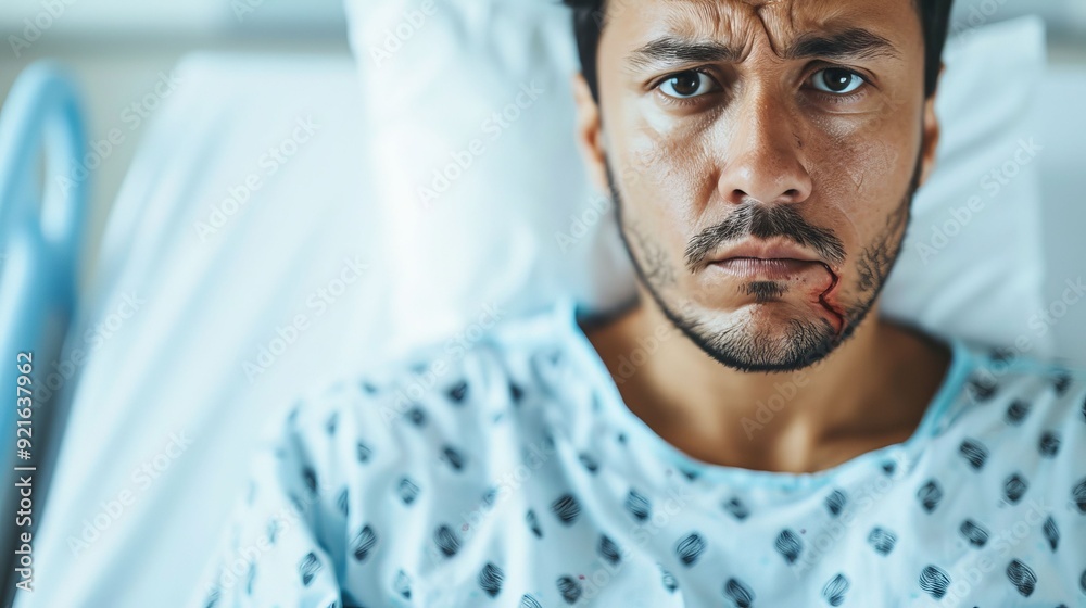 Concerned man in hospital bed with visible injury and serious ...