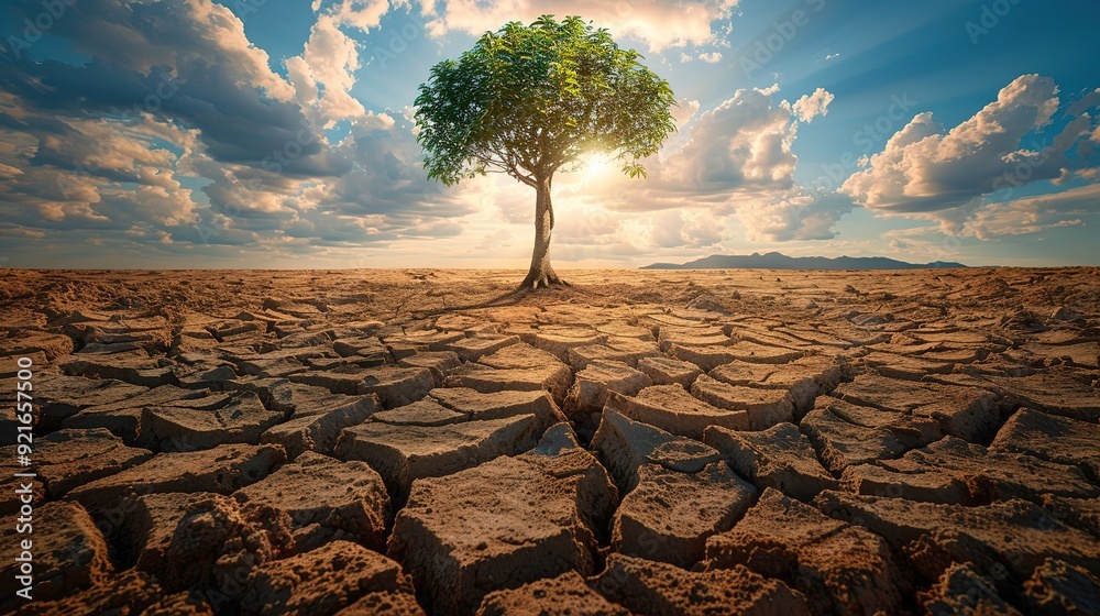 A dried-up lake bed with deep cracks and a lone tree struggling to ...