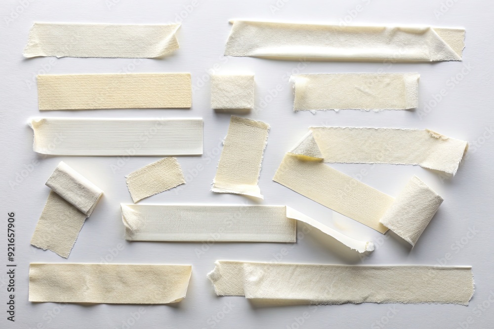 Assorted sizes of torn white adhesive tape pieces in various lengths ...