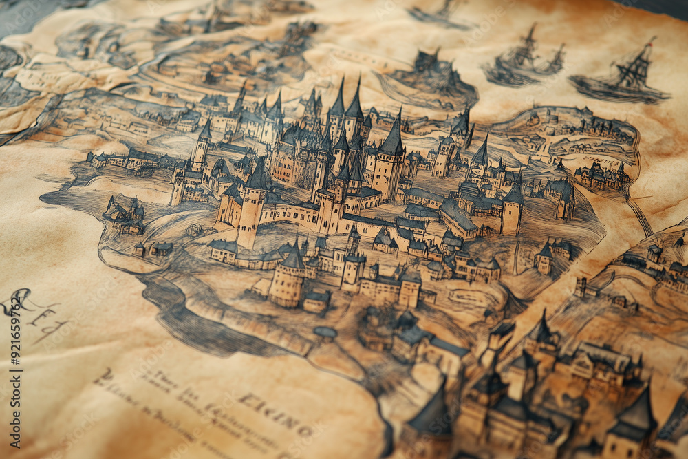 Explore Historic Routes: City Tour Map with Prominent Landmarks Stock ...