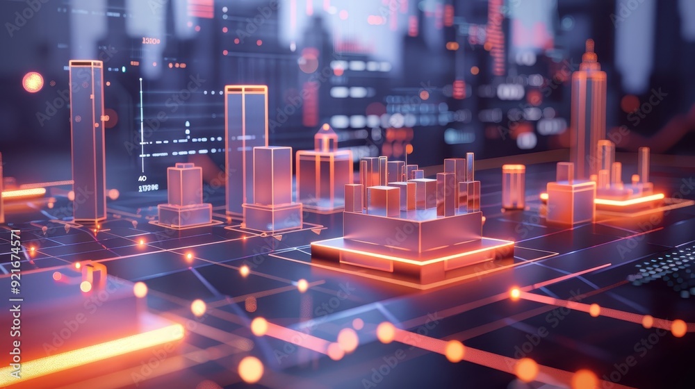 Futuristic cityscape with neon lights and digital city model ...