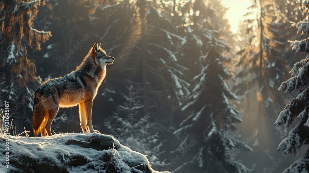 wolf in the woods dramatic cinematic panoramic picture with wild ...
