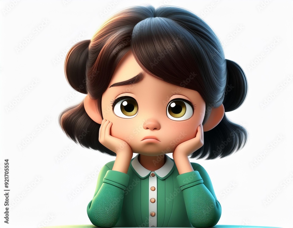Thinking upset sad bored cartoon character girl portrait in 3d style ...