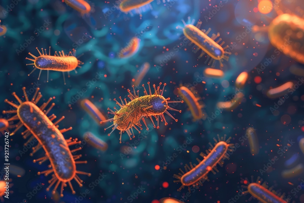 Brightly colored bacteria and viruses are observed in detail ...