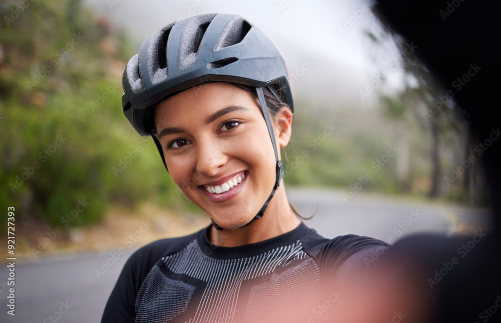 Cycling, woman and portrait with selfie in nature for fitness progress ...