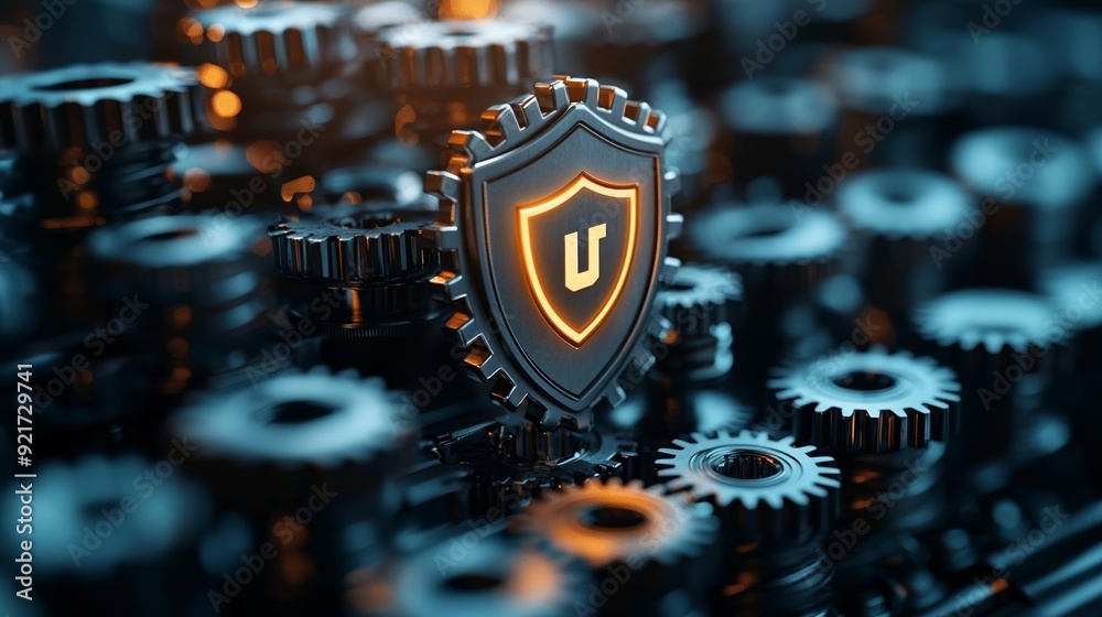 Aged metal gears and a glowing shield emblem, visualizing the ...