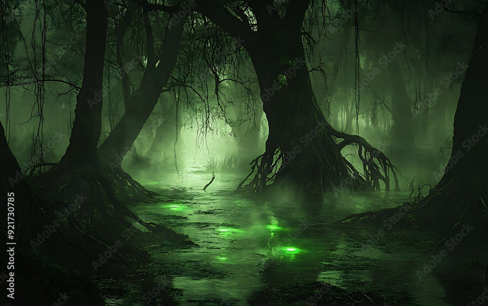 9. A mysterious, foggy swamp with gnarled trees, twisted roots, and ...